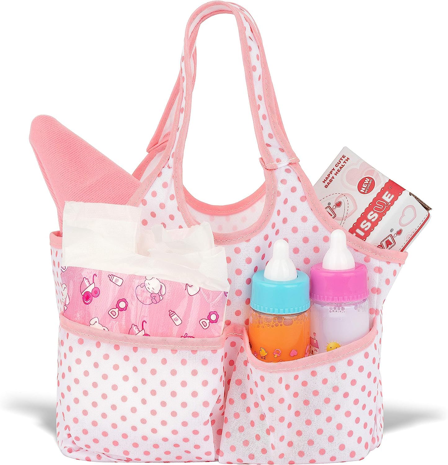 fash n kolor Diaper Bag Doll Accessories Set with Feeding Bottles, Baby Diaper, Tissues, and Cloth Blanket. Complete Diaper Bag kit with 9 Accessories. Comes Packed in a Mommy Bag