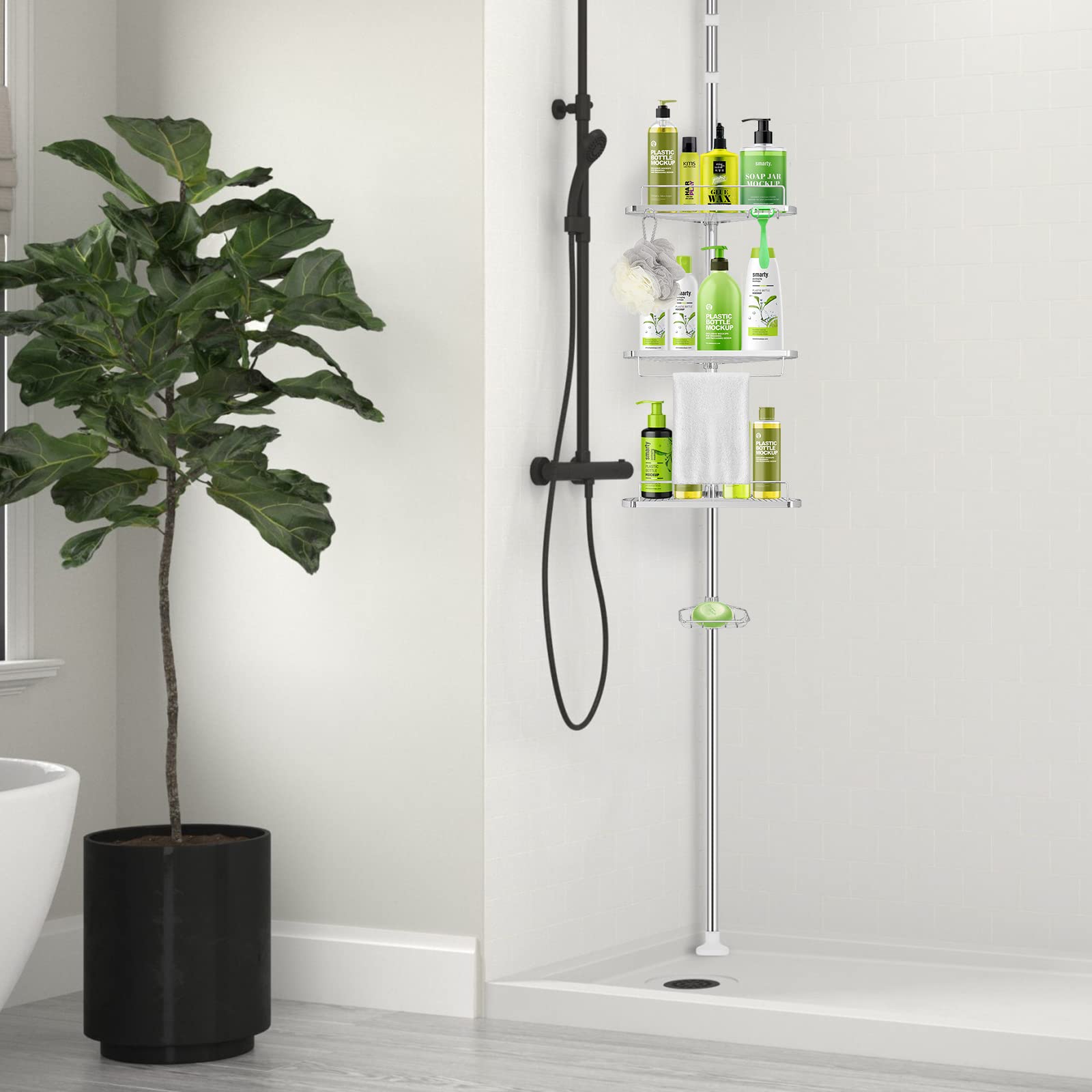 Shower Caddy Tension Pole 4-Tier Adjustable Rustproof Stainless Steel Corner Shower Caddy Tension Pole Drill-Free Standing Shower Tension Rod Organizer for Bathtub Shampoo Storage, 59 To 110 Inch