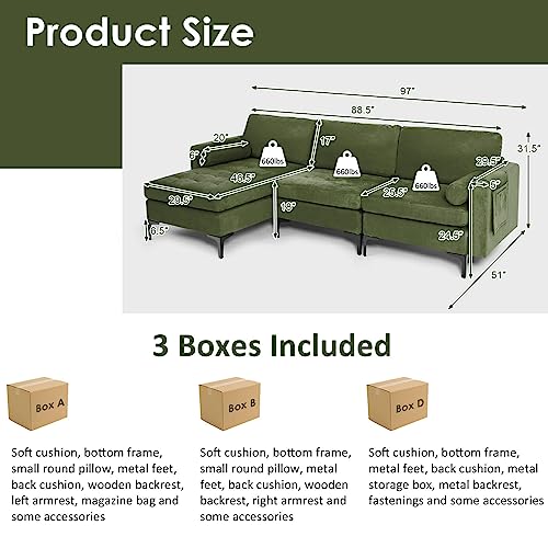 OUDINI L-Shaped Sectional Sofa, Reversible L Shaped Couch, Linen Sectional Couch, W/Reversible Chaise and 2 USB Ports Army for Living Room, Apartment, Small Couches (Green)