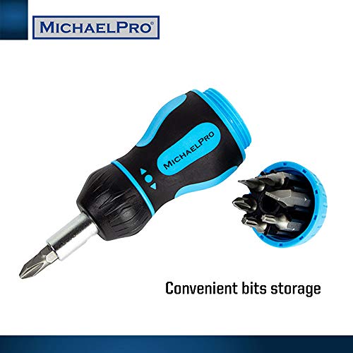 MichaelPro MP002005 8-Piece Multibit Screwdriver, Stubby multi screwdriver with 3 Slotted, 2 Philips and 2 Star, 7 in 1 Stubby Ratchet Screwdriver Short Nut Driver