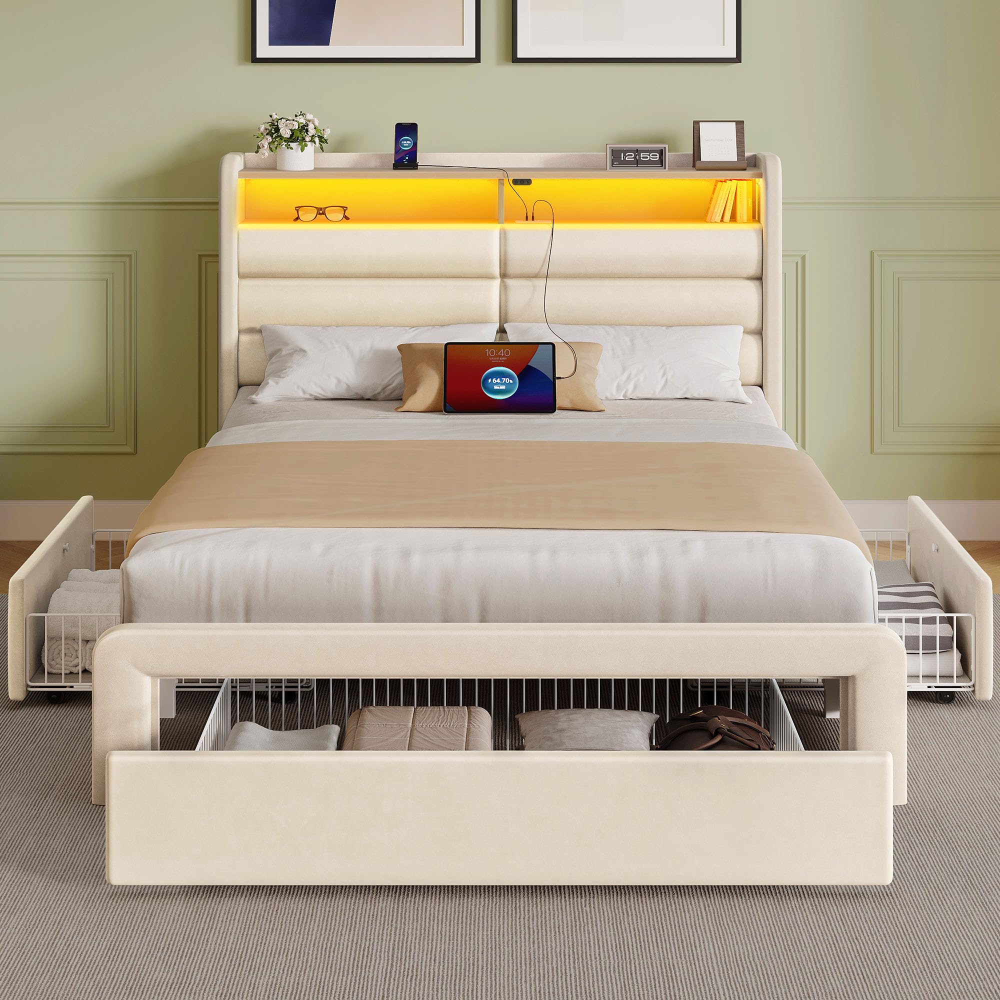 Seventable Full Size Bed Frame with 4 Storage Drawers & Charging Station, Upholstered Platform Bed with Storage Headboard and LED Light, No Box Spring Needed, Noise Free, Easy Assembly, Cream White