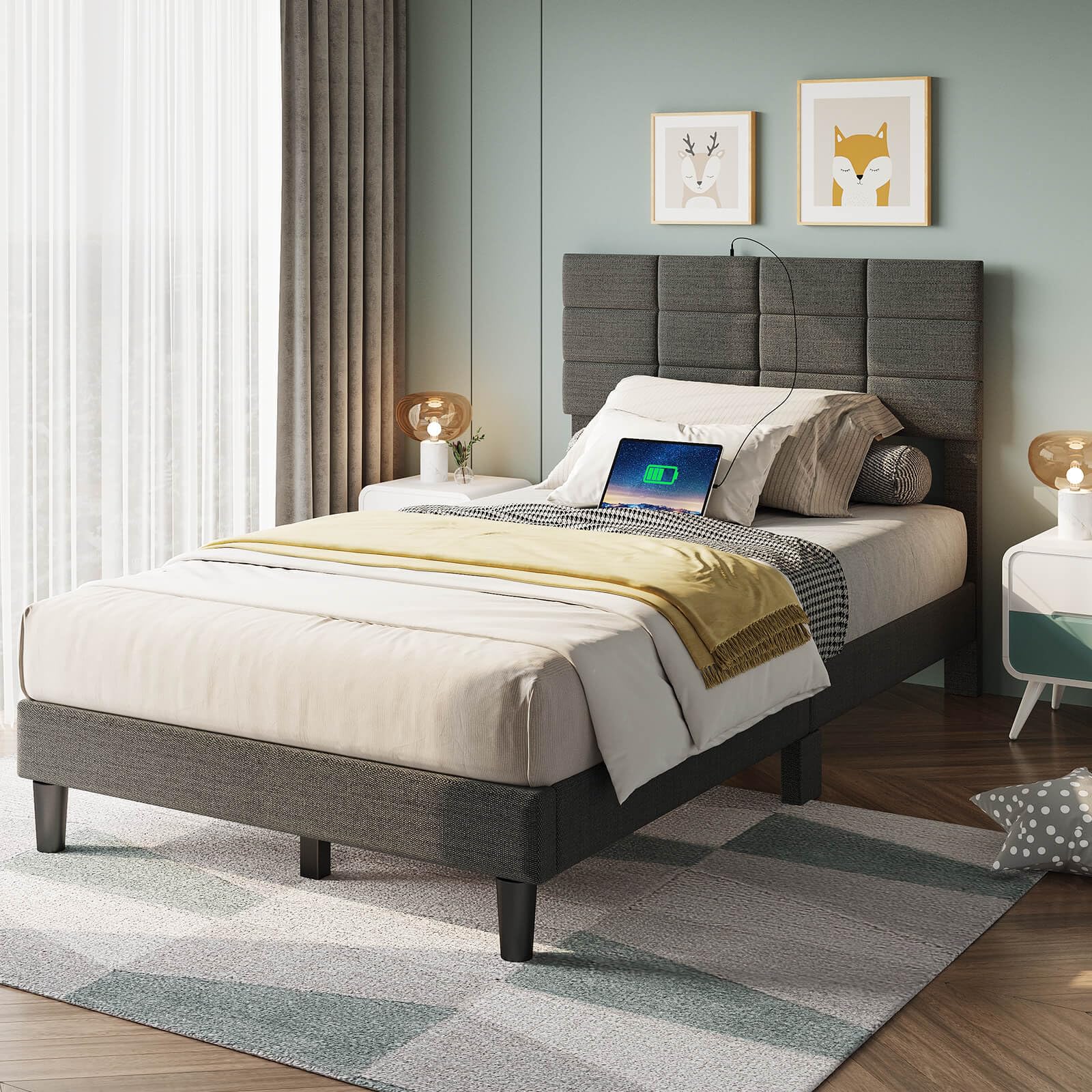 Seventable Twin Size Bed Frame with Charging Station, Upholstered Bed with Heavy Duty Wood Slats, Noise Free, Easy Assembly, No Box Spring Needed, Dark Grey