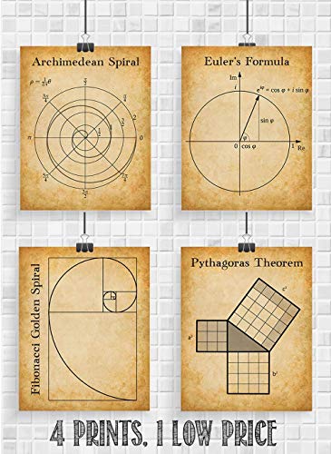Math Art Prints-Archimedean Spiral, Euler's Formula, Fibonacci Golden Spiral, Pythagoras Theorem-Set of Four Gallery Wall 8x10 Unframed - Gift & Decor For Teachers, Classroom & Math Students Under $20