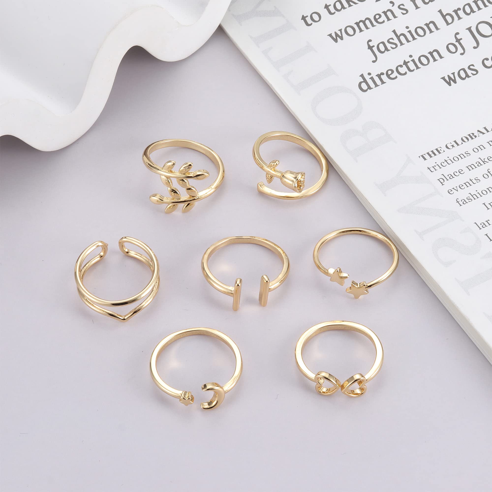 FASACCO 12Pcs Arrow Leaf Cross Hug Rings for Women Open Rings Set Adjustable Stackable Knuckle Thumb Rings 14K Gold Plated Heart Moon Star Joint Finger Rings Gold Tone