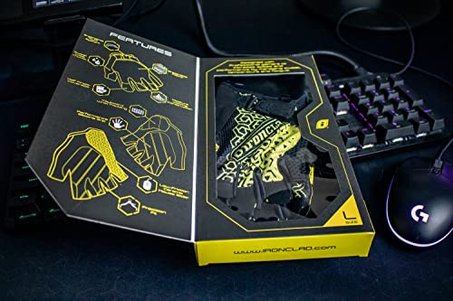 Ironclad PC Gaming Gloves, Precision Fit, Performance Silicone Grip, Moisture Wicking Construction, 1 Pair, ES-IPC-04-L, Black/Yellow, Large