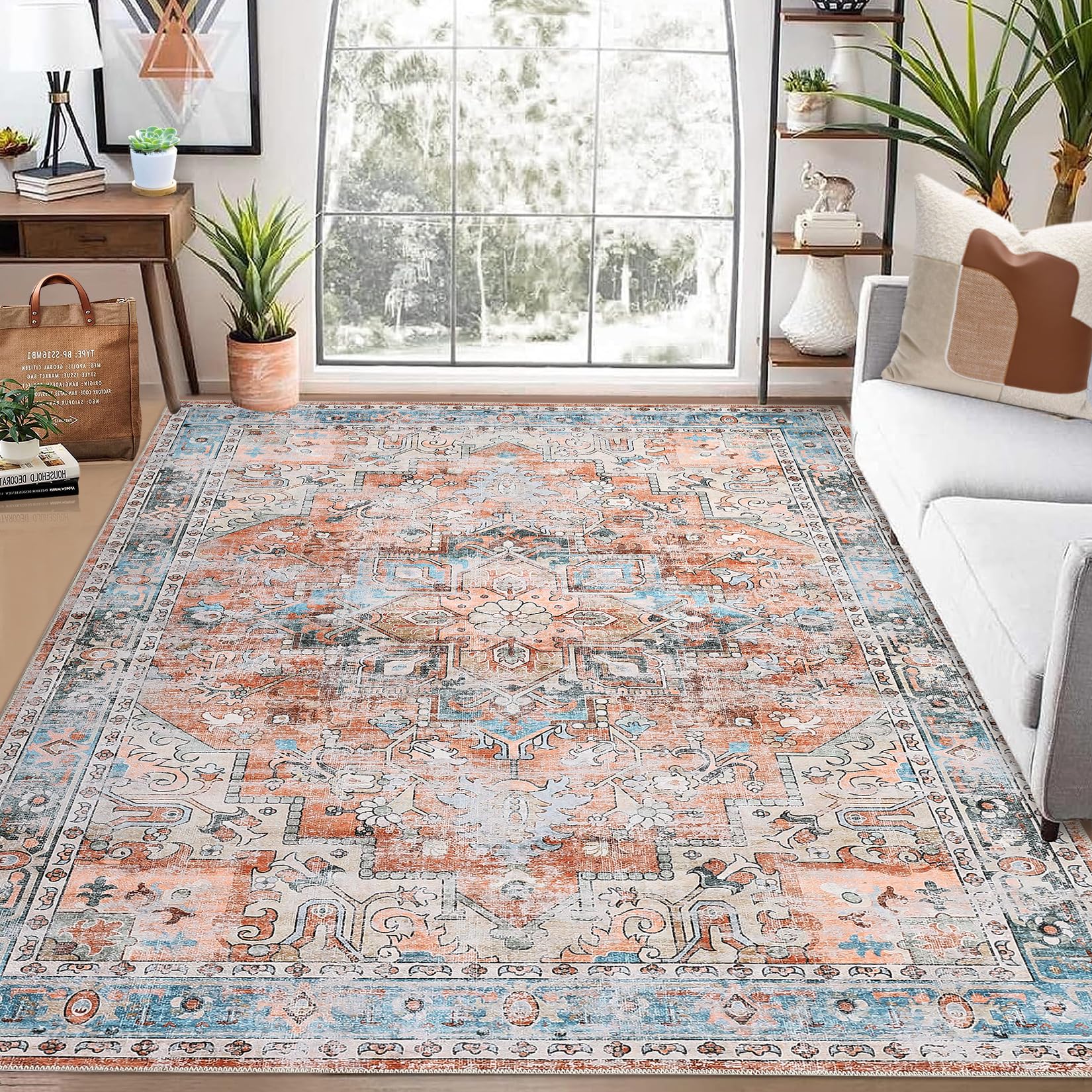 ROYHOME 10x13 Area Rug Extra Large Machine Washable Rug for Living Room Vintage Distressed Accent Rug Stain Resistant Non-Slip Floor Cover Traditional Medallion Carpet for Bedroom, Terracotta