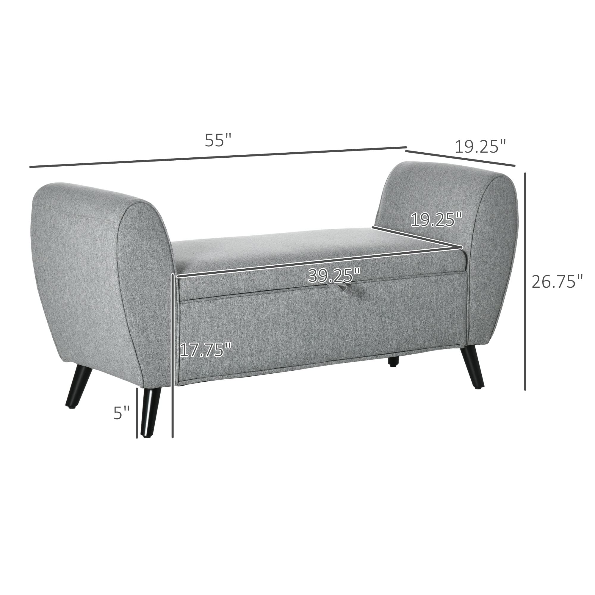 HOMCOM Upholstered Storage Ottoman, Armed Storage Bench with Rubber Wood Legs for Living Room, Light Gray