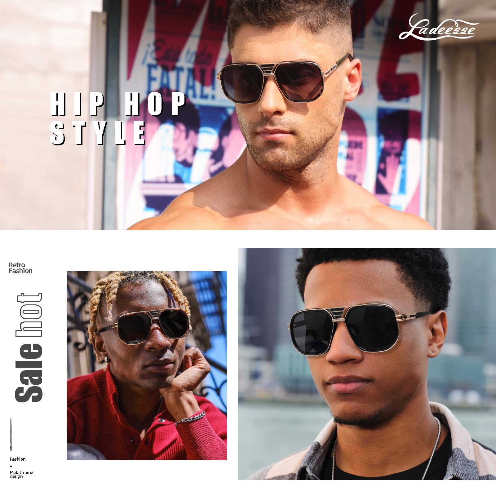 LADEESSE Retro Pilot Sunglasses for Men Gold Alloy Metal Frame Classic Hip Hop Sun Glasses Vintage UV400