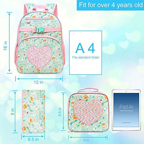 TXHVO 3PCS Kids Backpack for Girls, 16β Preschool Bookbag with Lunch Box, Cute Girl Sequin Backpacks for Elementary School