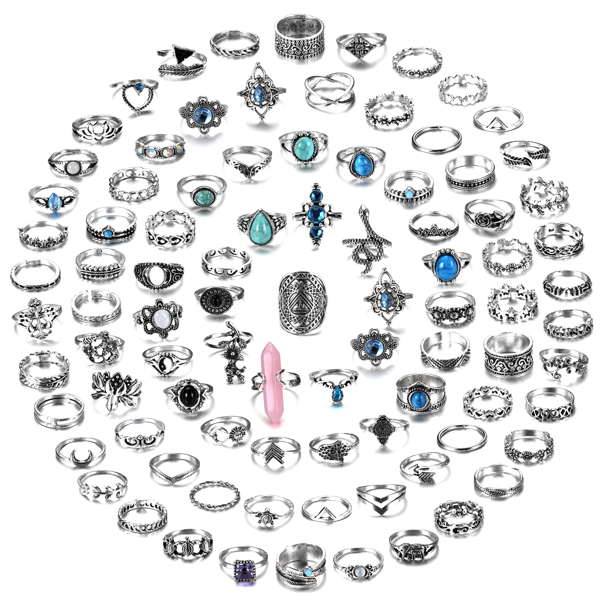 FASACCO 90Pcs Vintage Silver Knuckle Rings Set for Women Men Bohemian Stackable Joint Finger Rings Goth Hippie Punk Boho Butterfly Snake Retro Stone Crystal Stacking Midi Rings Pack