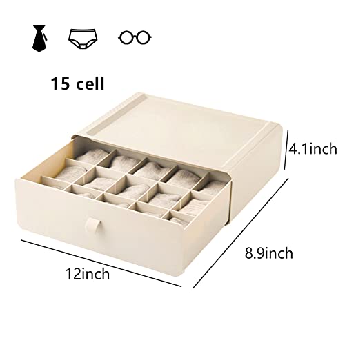 Tynulox Sock Underwear Organizer Dividers | 15 Cell Stackable Plastic Closet Drawer | White Storage Bin for Bra, Socks, Ties, Cable, Decor