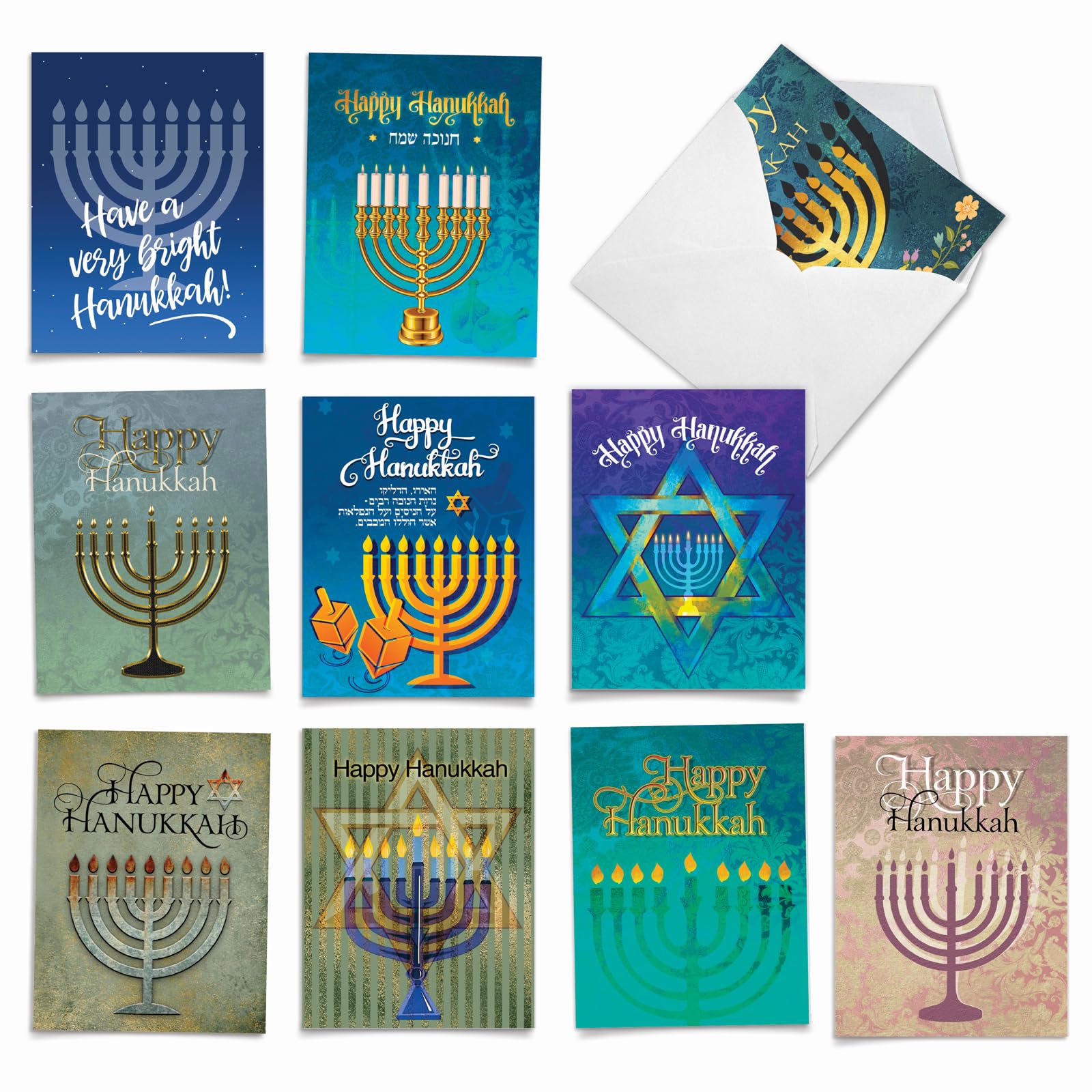 The Best Card Company - 10 Assorted Chanukah Thank You Notecards Bulk Box Set 4 x 5.12 Inch with Envelopes (10 Designs, 1 Each) Jewish Holiday Cards Hanukkah Lights AM6140HYG-B1x10