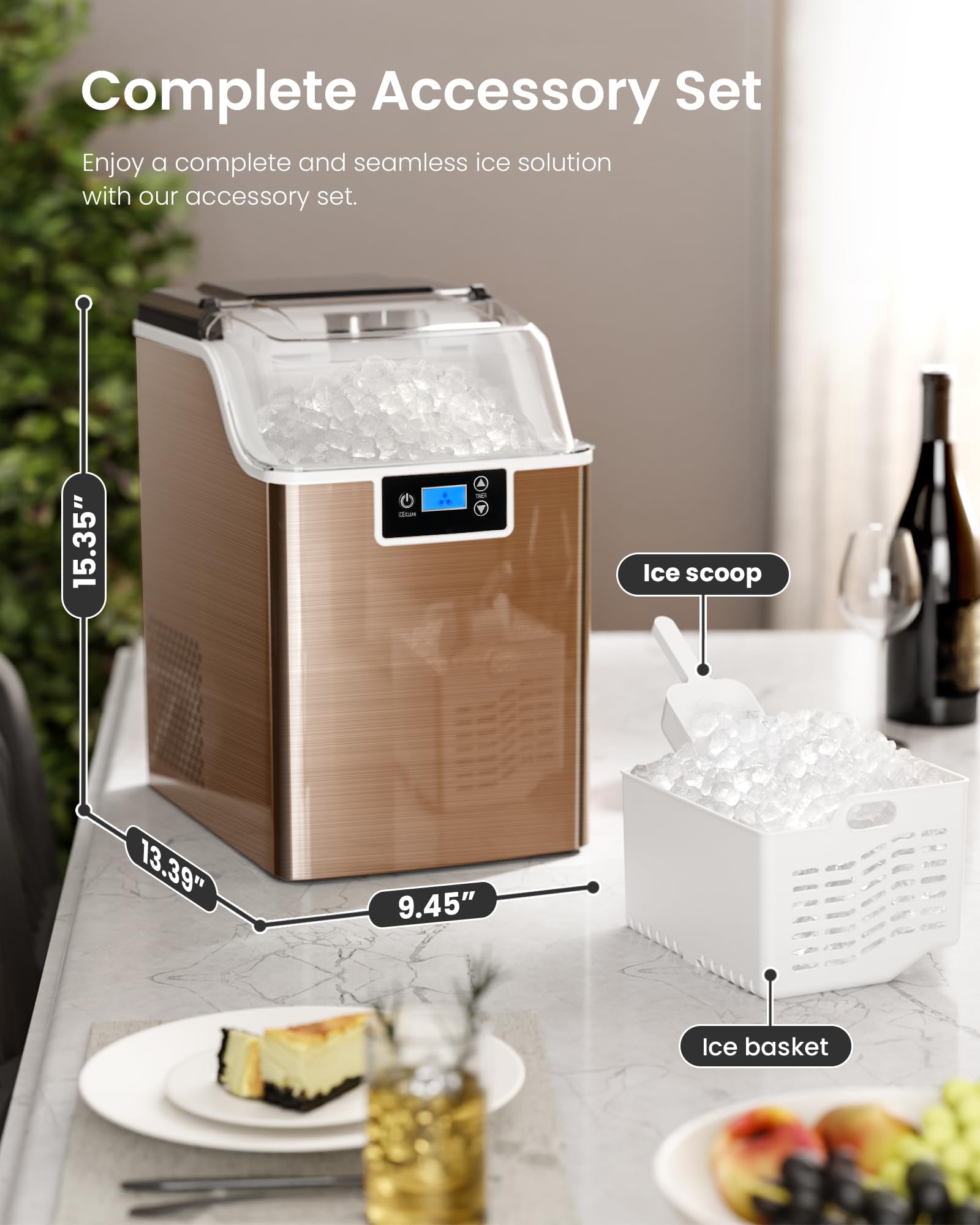 Nugget Ice Maker Countertop, 45lbs/Day Pellet Ice Maker Machine with 24H Timer, Self-Cleaning Pebble Countertop Ice Maker with Crushed Ice for Home Black(Champagne Gold)