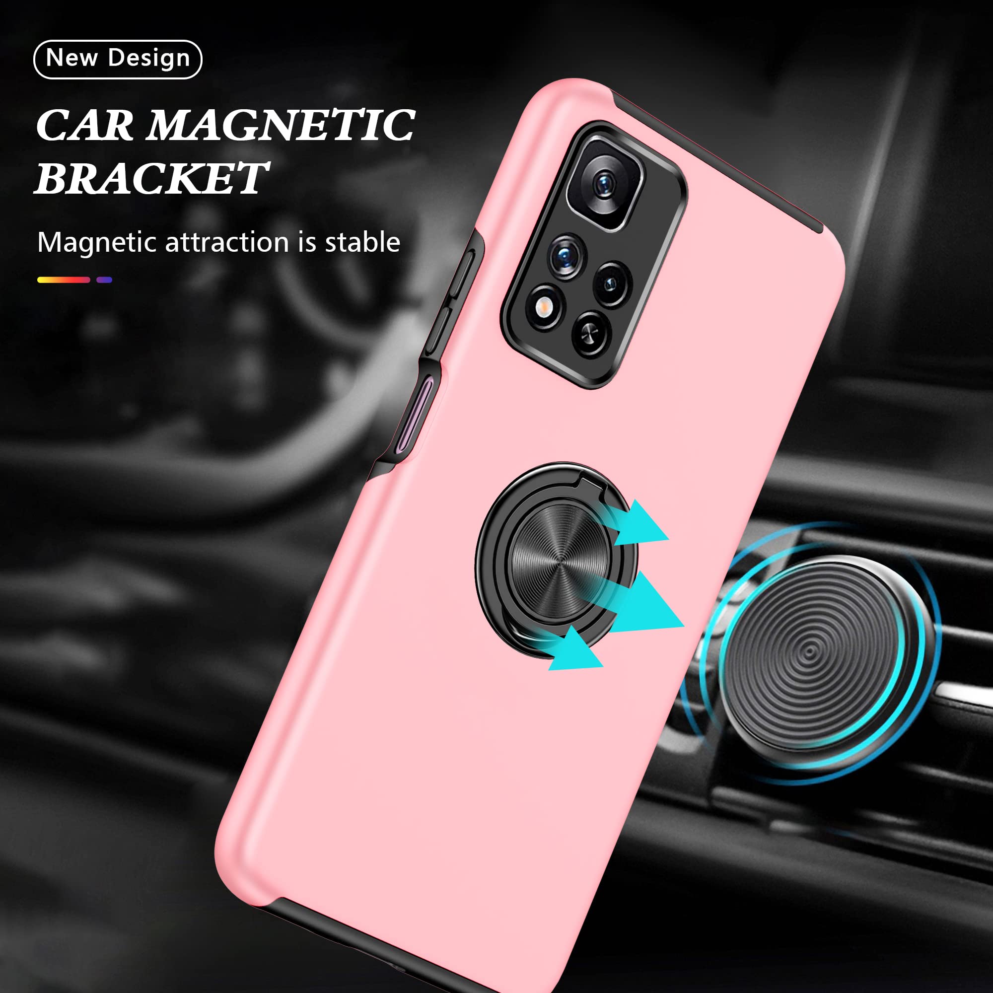 for Xiaomi Redmi Note 11 Pro 5g Case with Screen Protector 360 Degree Rotation Ring Kickstand Dual Layer Shockproof Silicone Slim Full Body Protection Durable for Redmi Note 11 Pro phone case (Pink)
