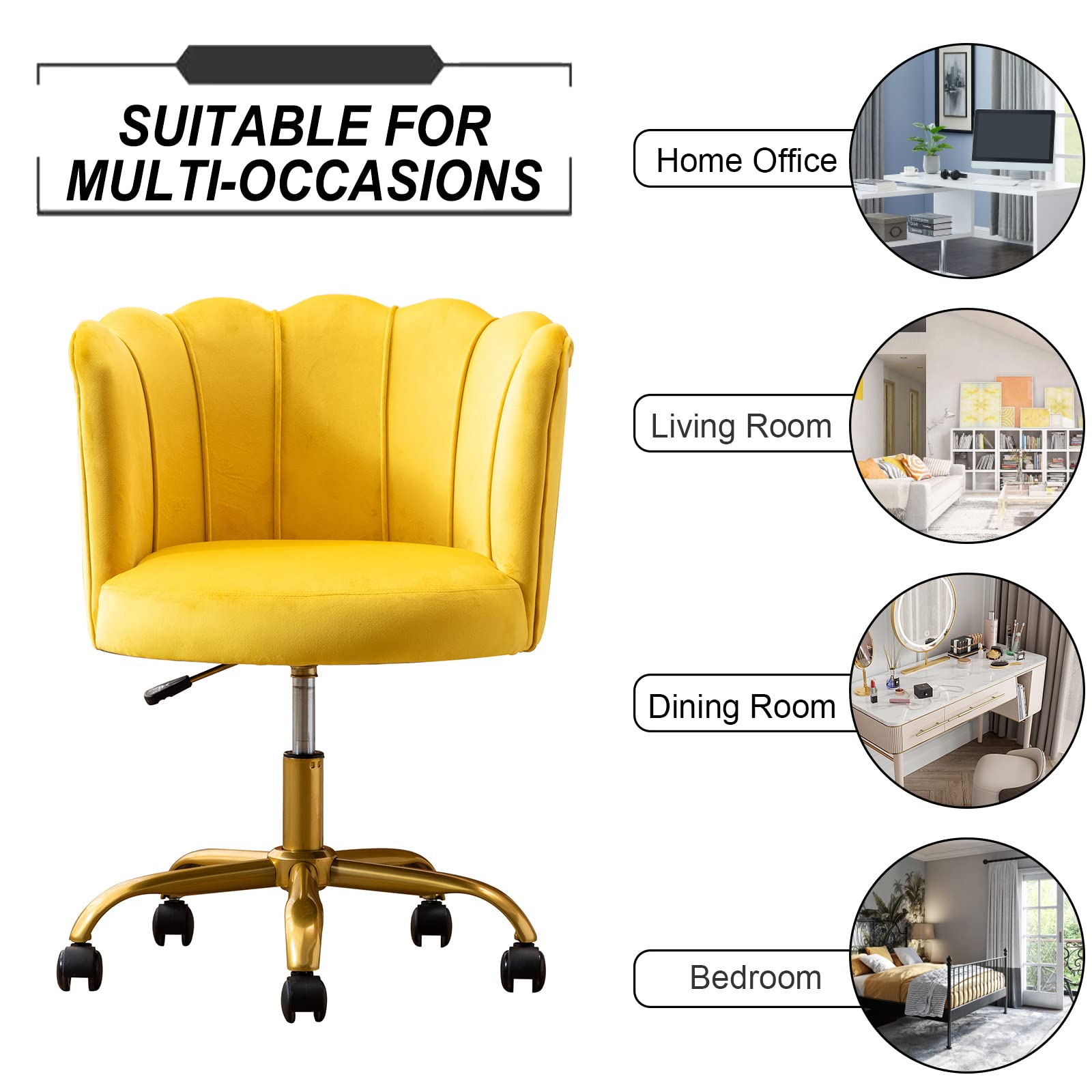 Goujxcy Home Office Desk Chair, Modern Ergonomic Swivel Chair, Adjustable Mid-Back Computer Desk Chair, Task Chair Tufted Accent Chair with Metal Base for Office Study,Beige White