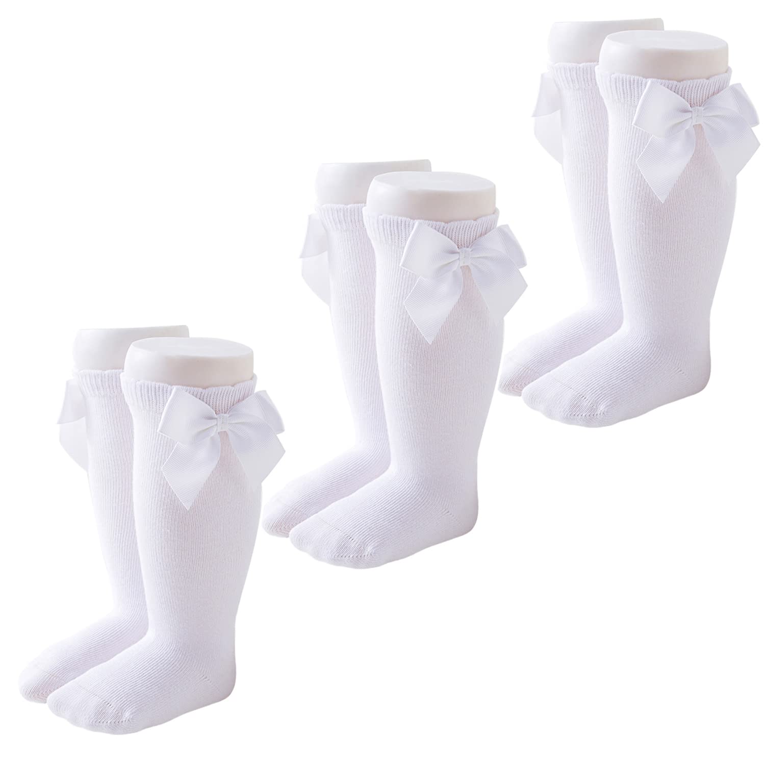 Marchare Baby Girls Knee High Socks Baby Girls Bow Stockings Cotton Uniform Stockings Dress Socks 3 Pack,White 0-3 months
