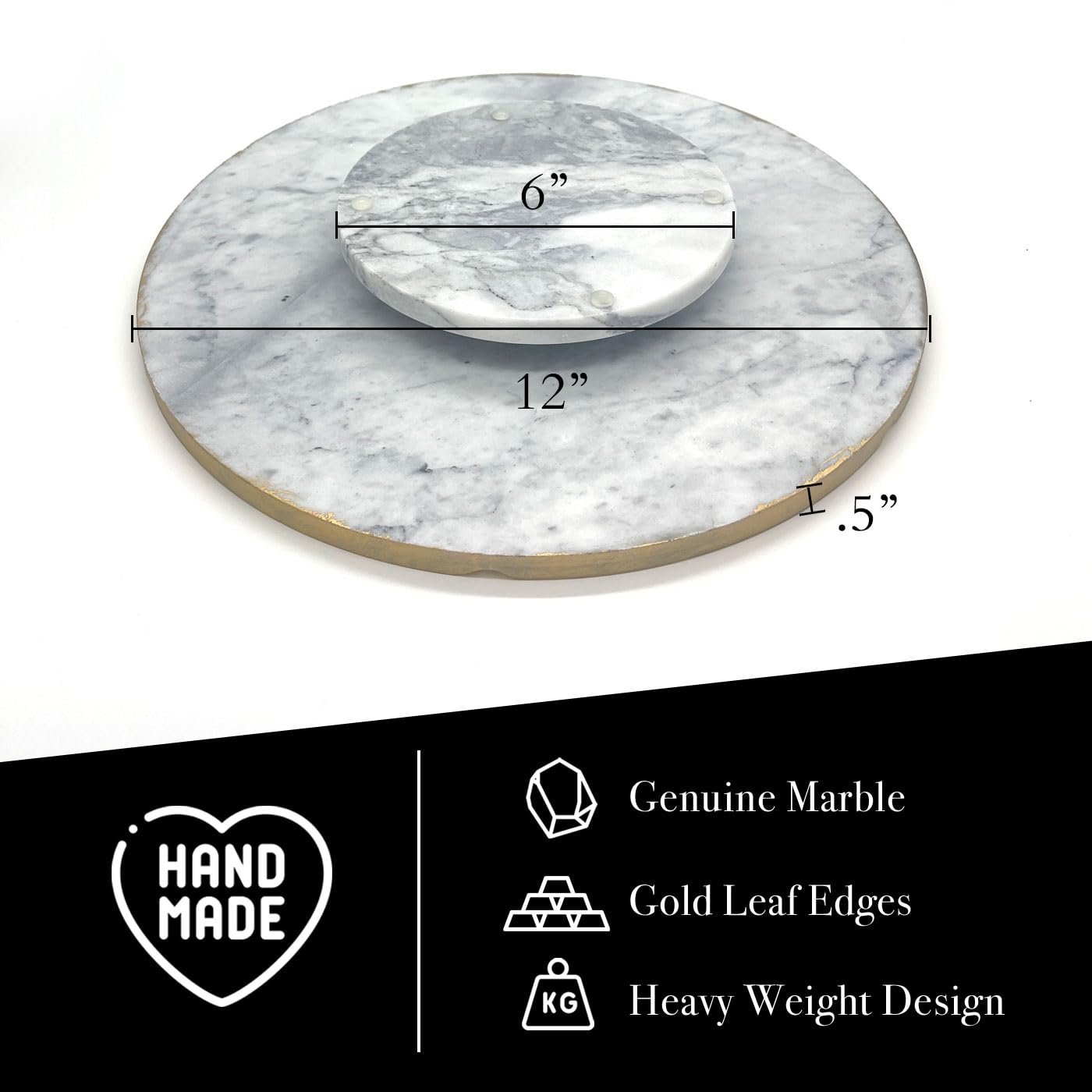 French KOKO 12-Inch Marble Stone Lazy Susan for Countertop with Gold Accent, White Marble Lazy Susan Turntable, Marble Spin Dining Set Tray Spin Slab Pastry Board 12"