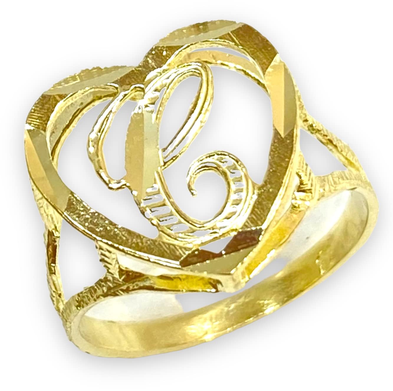 LADIES DIAMOND-CUT 12 MM LONG HEART INITIAL CURSIVE ALPHABET LETTER RING REAL 10K YELLOW GOLD 4008 (C)