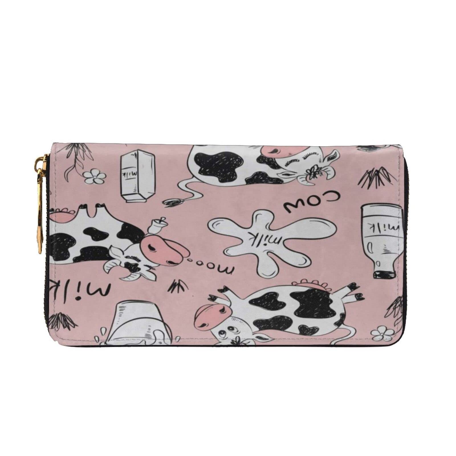 Long Handbag Purse Wristlet Bag Card Holder Wallet-Cute Milk Cow Leather Wallet For Women Men