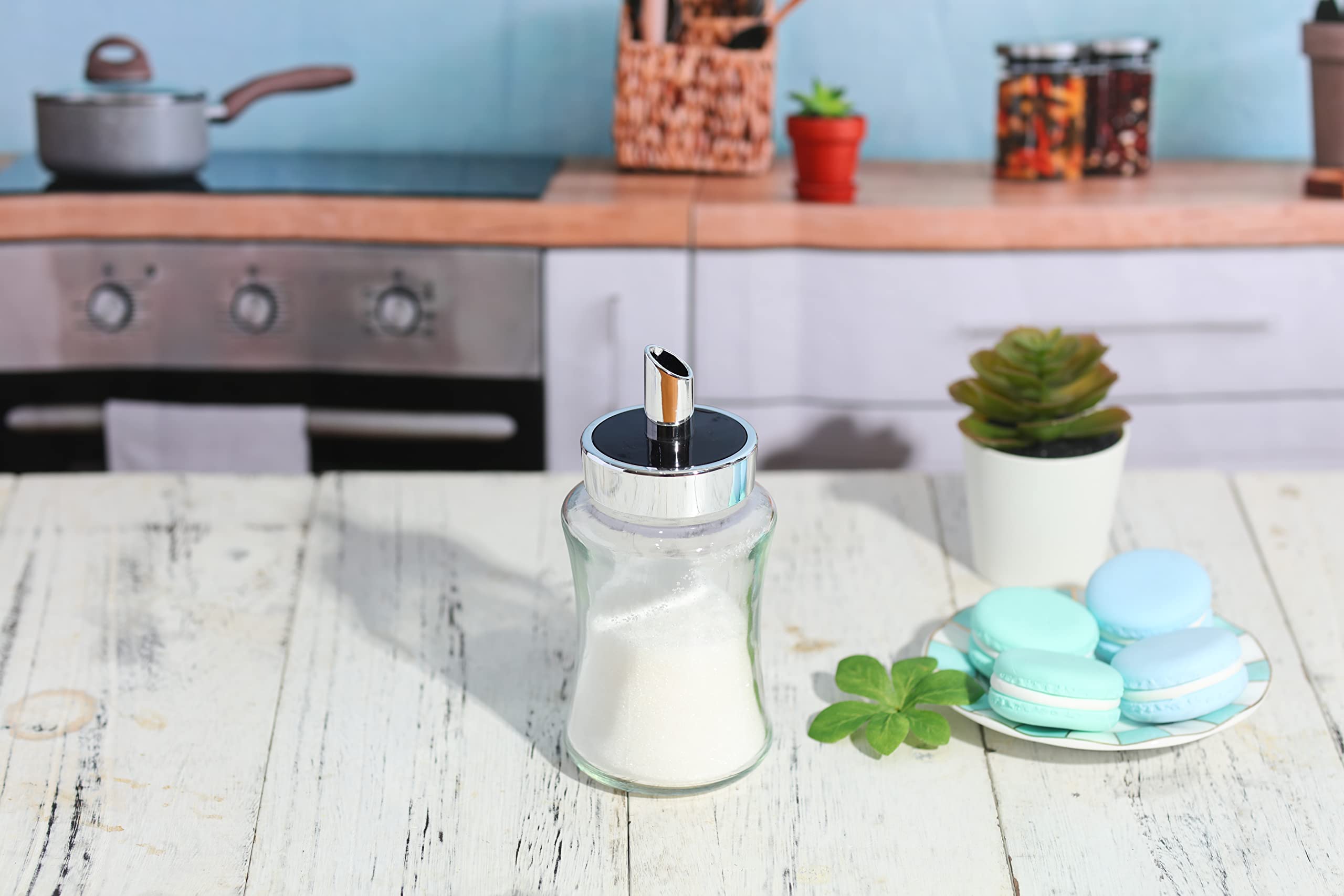 J&M DESIGN Sugar Dispenser with Pour Spout & Shaker For Coffee, Cereal Bowl, Tea & Baking Lid for Easy Spoon Measuring Pour - 7.5oz Glass Jar Container - Dishwasher Safe