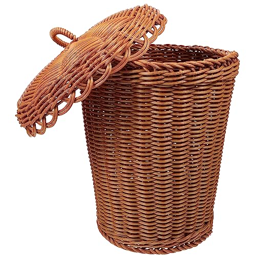 OUNONA Woven Storage Baskets with Lid: Round Wicker Waste Paper Basket Wastebasket Garbage Bin Trash Can for Bedroom Bathroom Kitchen Home Office