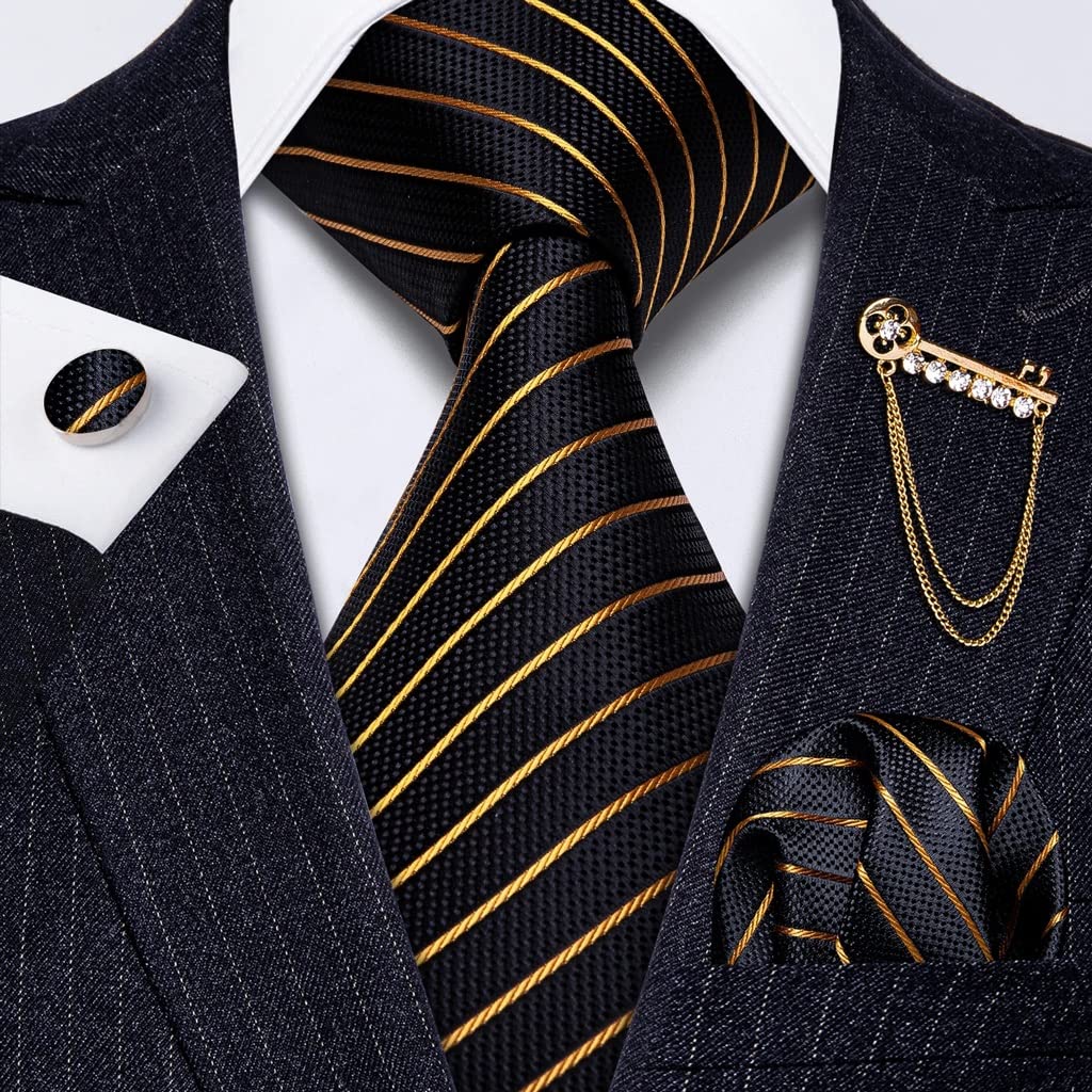 JHHDP Gold Striped Black Tie Brooch Silk Necktie Set Handkerchief Cufflink Tie for Men Wedding (Color : A, Size : One Size)