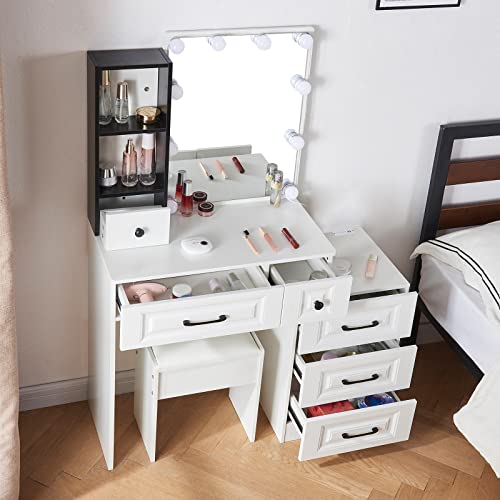 YAMISSI Vanity Desk with Mirror and Lights, USB Charging Station Vanity Table Set with Cushion Stool, Hollywood Dressing Table with 6 Storage Drawers, 3 Colors LED Bulbs for Grils and Women