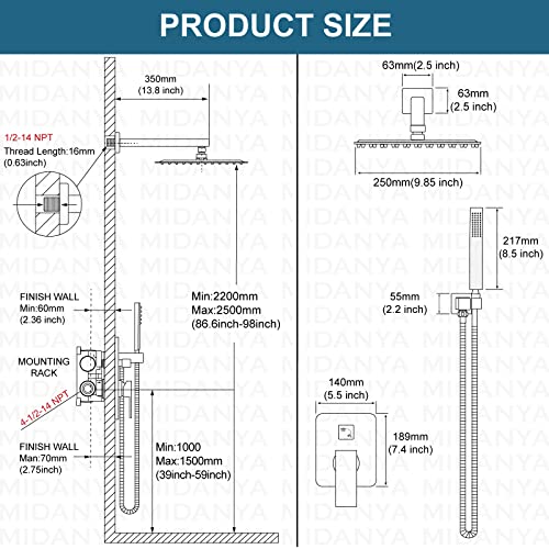 Midanya Matte Black Rain Shower System 10 Inch Square Rainfall Shower Head Wall Mount Shower Faucet Set with Hand Sprayer Rough-in Valve Trim Kit Bathroom Mixer Shower Combo Set