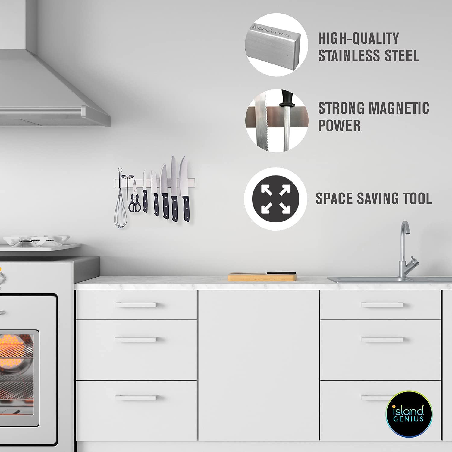 Island Genius 16 Inch Stainless Steel Magnetic Knife Holder Bar Strip for Wall - Kitchen Knife, Utensil and Tool Storage Organizer Magnet
