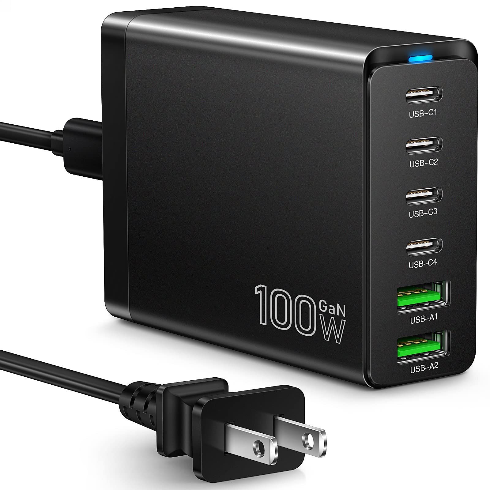 Fast USB C Charging Station, Total 100W 6-Port Charger Block with 4 USB-C and 2 USB-A Ports Quick 3.0 Adapter Work for iPhone 15 14 13 12 Pro Max, iPad, Galaxy, Pixel Portable Multiport Hub (Black)