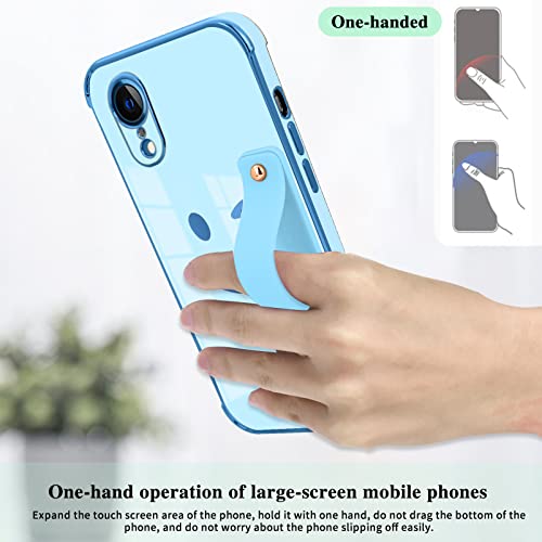 Uioeua Compatible with iPhone XR Case with Smiley Face Pattern,Soft TPU Cute Plating Wristband Holder Case Camera Lens Protection Side Small Pattern Shockproof Wrist Strap Case Women Girls-Sky Blue