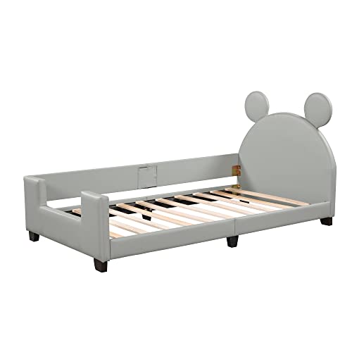 Twin Size Kids Upholstered Bed with Carton Ears Shaped Headboard,Children Twin Platform Bed Frame with PU leather,Cute Wooden Single Bed for Girls Boys, No Box Spring Needed , Grey