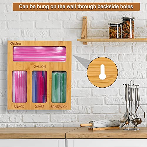Ziplock Bag Organizer - Plastic Storage Bag Organizer for Kitchen Drawer - Bamboo Quart Baggie Organizer Dispenser for Gallon, Sandwich, Cookies, Snack Bags - Handmade Wooden Plastic Bag Holder-OCDINA