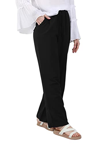 utcoco Women's Cotton Linen Drawstring High Waisted Pants Casual Loose Fit Wide Leg Trousers (L, Black)