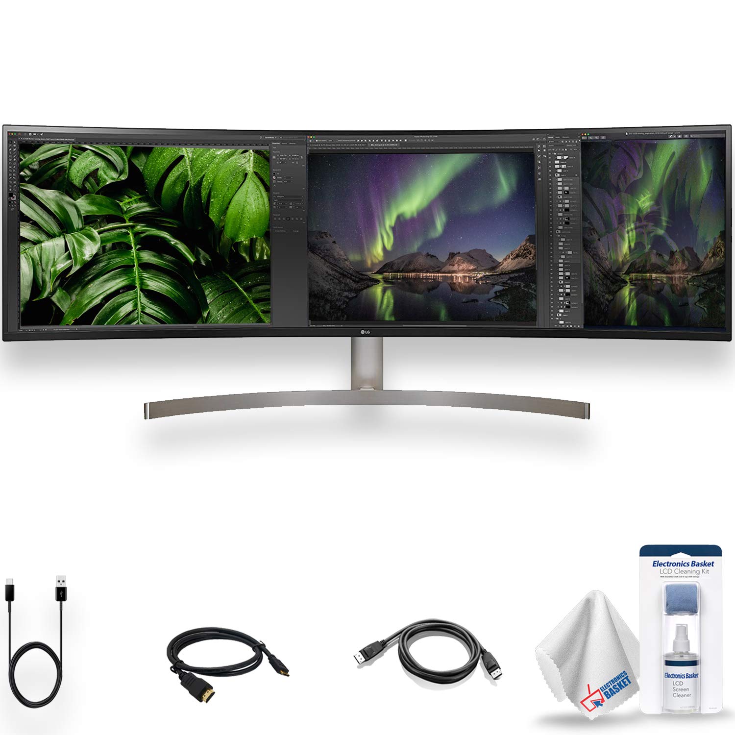 LG 49WL95C-W 49" 32:9 Curved UltraWide 5K HDR IPS Monitor with HDMI, Display Port, and USB-C Cables, + LCD Cleaning Set, and Electronics Basket Microfiber Cloth - Base Bundle