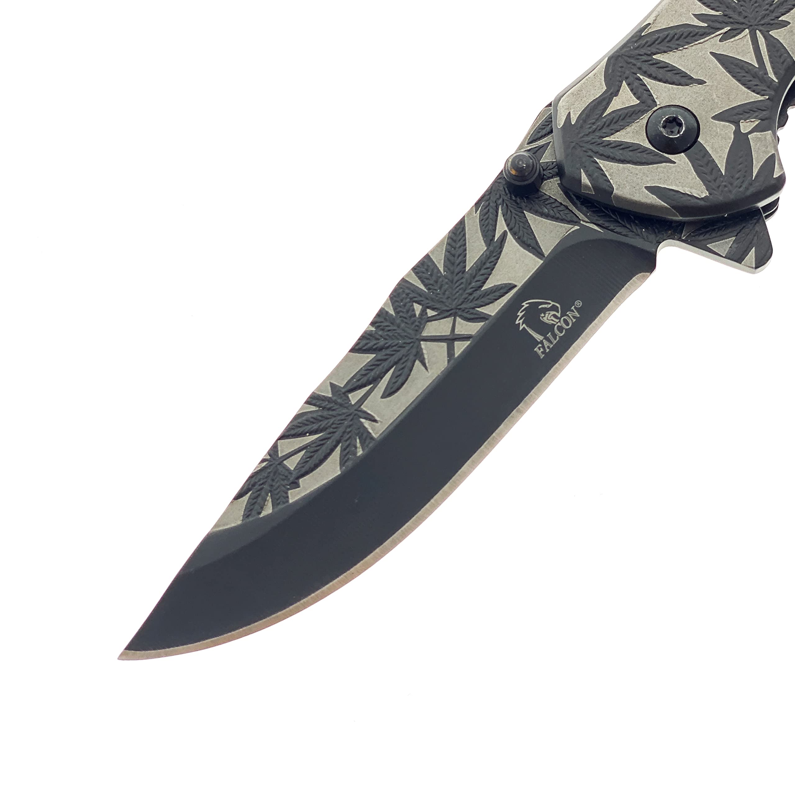 Falcon 8" Marijuana Leaf Engraved Blade And Handle Design 440 Stainless Steel Spring Assist Pocket Knife 420 Gift