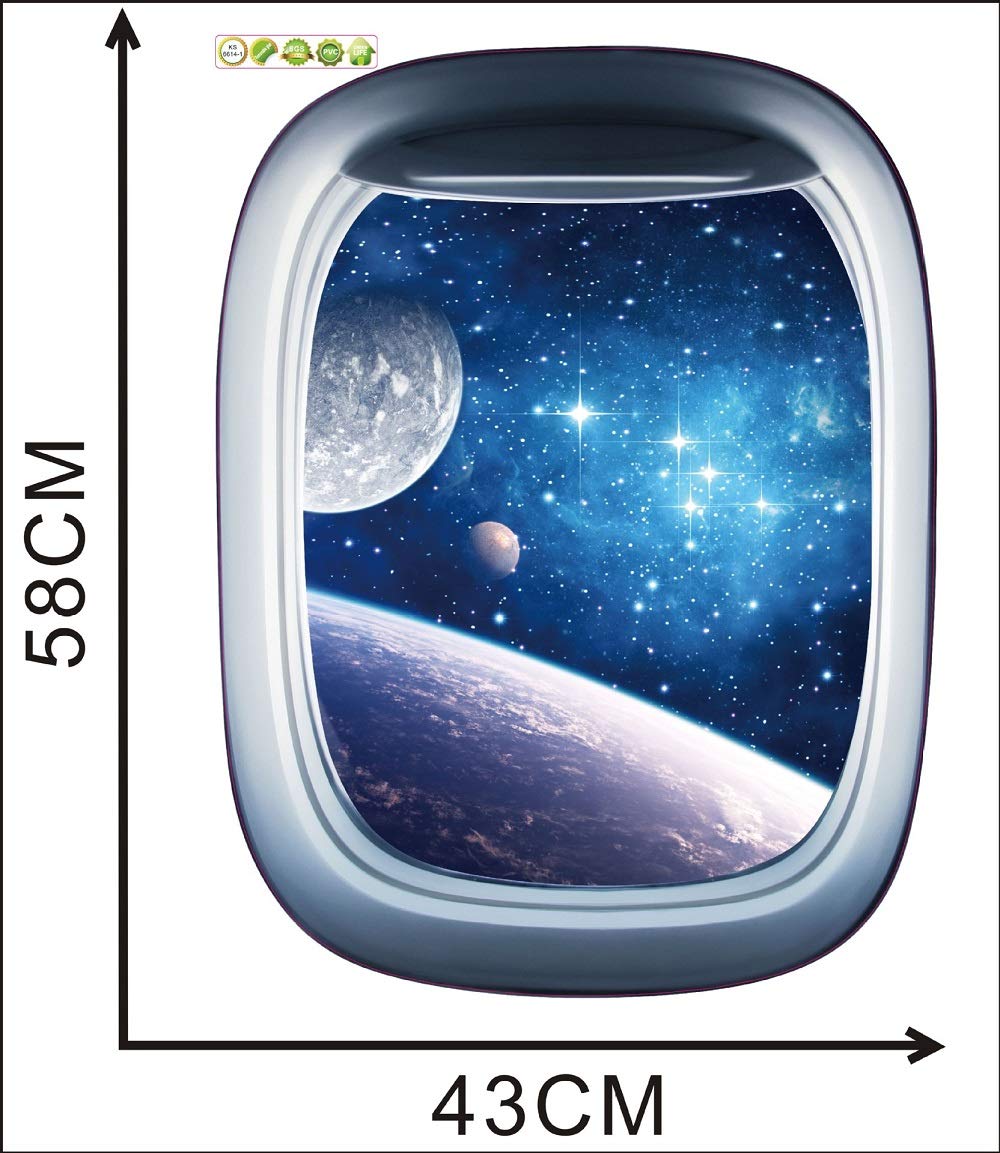 HERRA 3D Planet Universe Galaxy Outer Space Wall Decal Spacecraft Astronaut Wall Stickers, Peel and Stick Removable Space Capsule Window Wall Stickers Wall Mural for Bedroom Living Room Kids Room