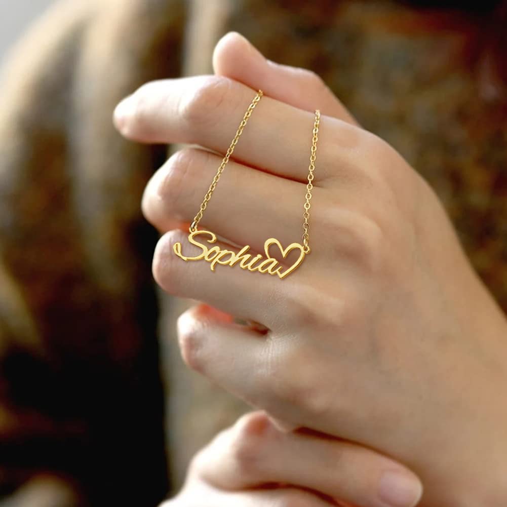 Laffyett Name Necklace Personalized with Heart Stainless Steel Custom Name Necklace Gifts for Women