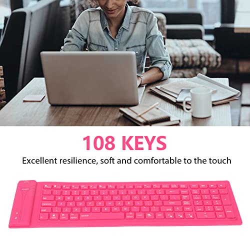 PUSOKEI Wireless Silicone Keyboard, 108 Keys BT 3.0 Foldable Keyboard, Full Sealing Waterproof Keyboard, Gaming Keyboard for PC Notebook Laptop (Pink)