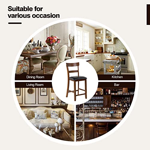 NAFORT Counter Height Bar Stools Set of 4, Farmhouse 25.5β Solid Wood High Dining Chairs with Cushion, Counter Stools with Back for Kitchen Restaurant Bar, Rubberwood Legs & Black PU Leather Cushion