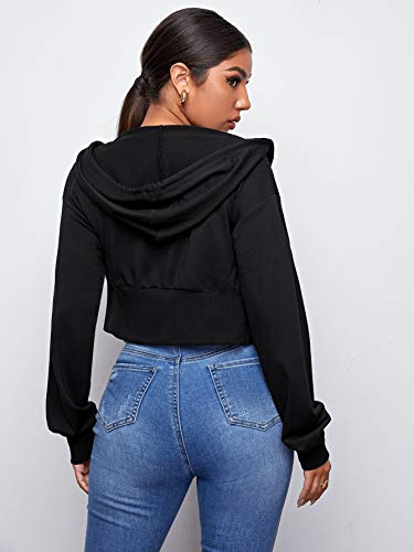 WDIRARA Women's Drop Shoulder Zip Up Drawstring Hoodie Black M