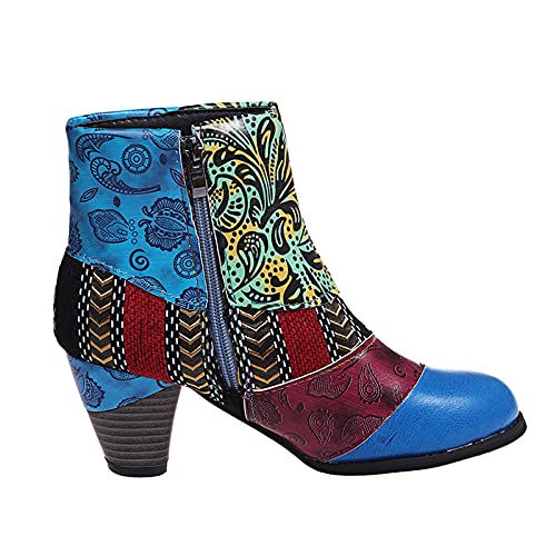 FASDNENDYS Fashion Women's Shoes Breathable Chunky High Heels Retro Zipper Short Boots Southwestern Boots Blue