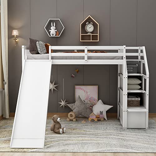 RUNWON Solid Wood Twin Size Loft Bed with Storage and Slide for Kids Teens Bedroom, No Box Spring Needed, White