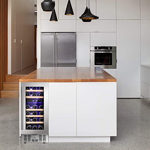 Joy Pebble Wine Cooler 28 Bottle Dual Zone Built-in Wine Cellar with Stainless Steel & Double-Layer Tempered Glass Door and Temperature Memory Function