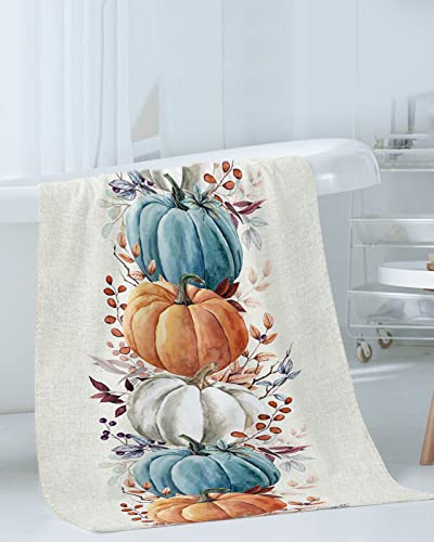 Fall Burlap Bathroom Towel Set,Microfiber Bath Kitchen Beach Hand Dish Towels Set,Quick Dry Luxury Soft Decorative Towels+Set Clearance Bulk Decor(3-PC) Teal Orange White Pumpkin Eucalyptus Leaves