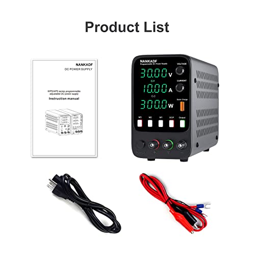 NANKADF DC Power Supply, 30V 10A Bench Power Supply with Memory Storage & Recall,Variable Power Suppy with Encoder Adjustment Knob, 5V/3.6A USB Quick-Charge & OCP Short Circuit Alarm