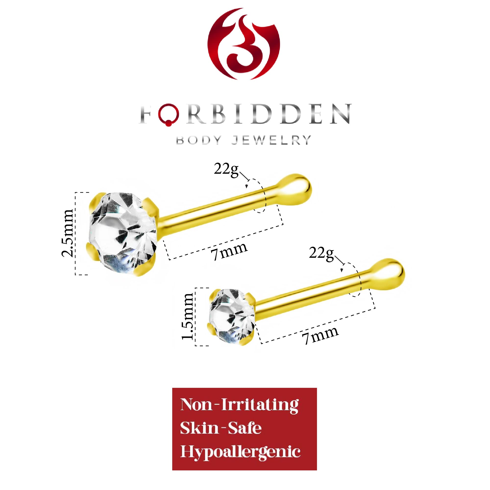 Forbidden Body Jewelry 22 g 18k Gold Plated Sterling Silver 1.5mm/2.5mm CZ Simulated Diamond Micro Nose Bone Stud for Women or Men (Set of 2)
