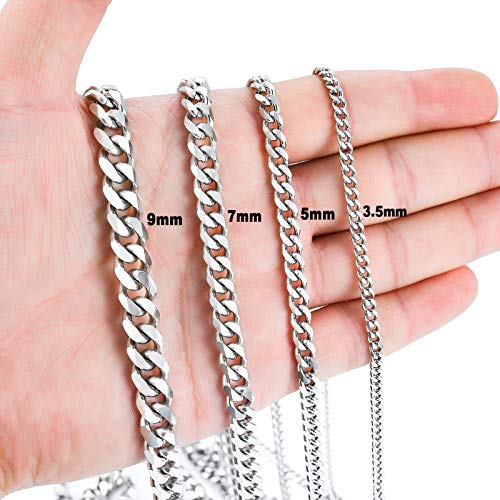 Sunling Solid Stainless Steel Cuban Chain Necklace For Men and Women Waterproof Curb Link Necklace Chain-Widths 3.5mm 5mm 7mm 9mm-Chain Lengths 16"-36"