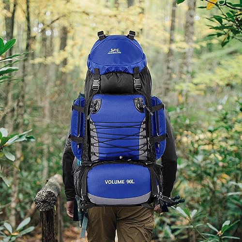 Unineovo 90L Hiking Backpack for Women Men, Waterproof Camping Essentials Bag with Rain Cover, 90 Liter Lightweight Backpacking Back Pack -No Frame (Light Blue)