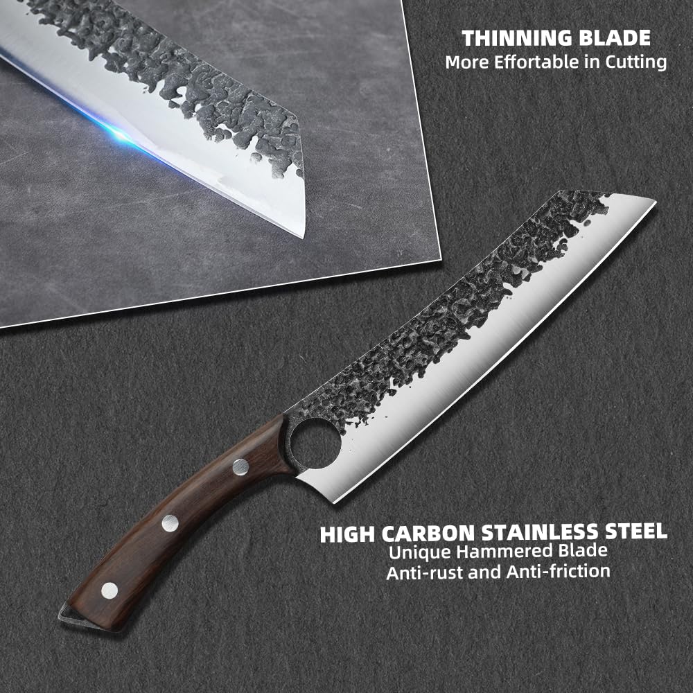 Sharp Chef Knife Hand Forged Meat Cleaver Professional Butcher Knife for Meat&Bone with Ergonomic Handle and Sheath, for Kitchen BBQ Outdoor Camping Ideal Gift (8.3 inch)